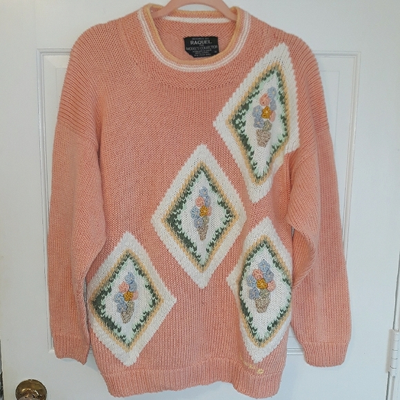 Vintage | Sweaters | Vintage Peach Pink Flower Crochet Oversized Long ...